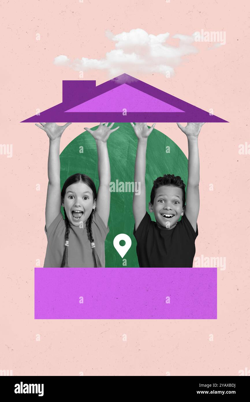 Vertical collage picture young kids home new house relocation siblings ...