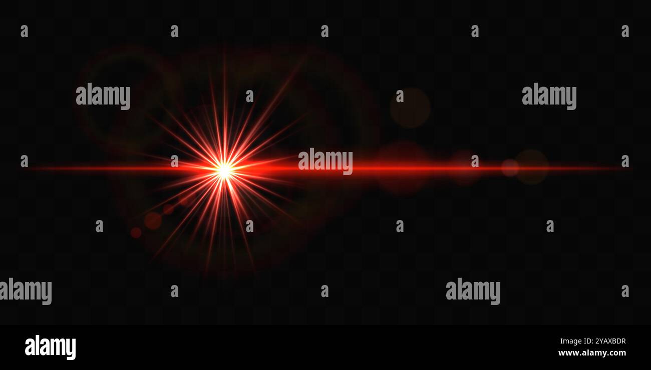 Bright red glowing light burst with lens flare on a black background ...