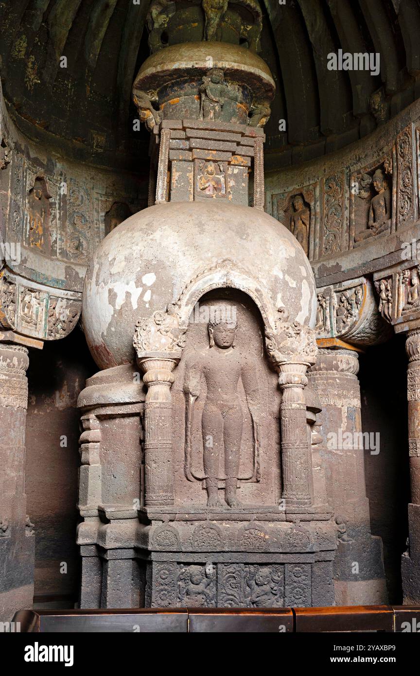 Ajanta Cave 19: Interior stupa with standing Buddha and triple umbrella ...