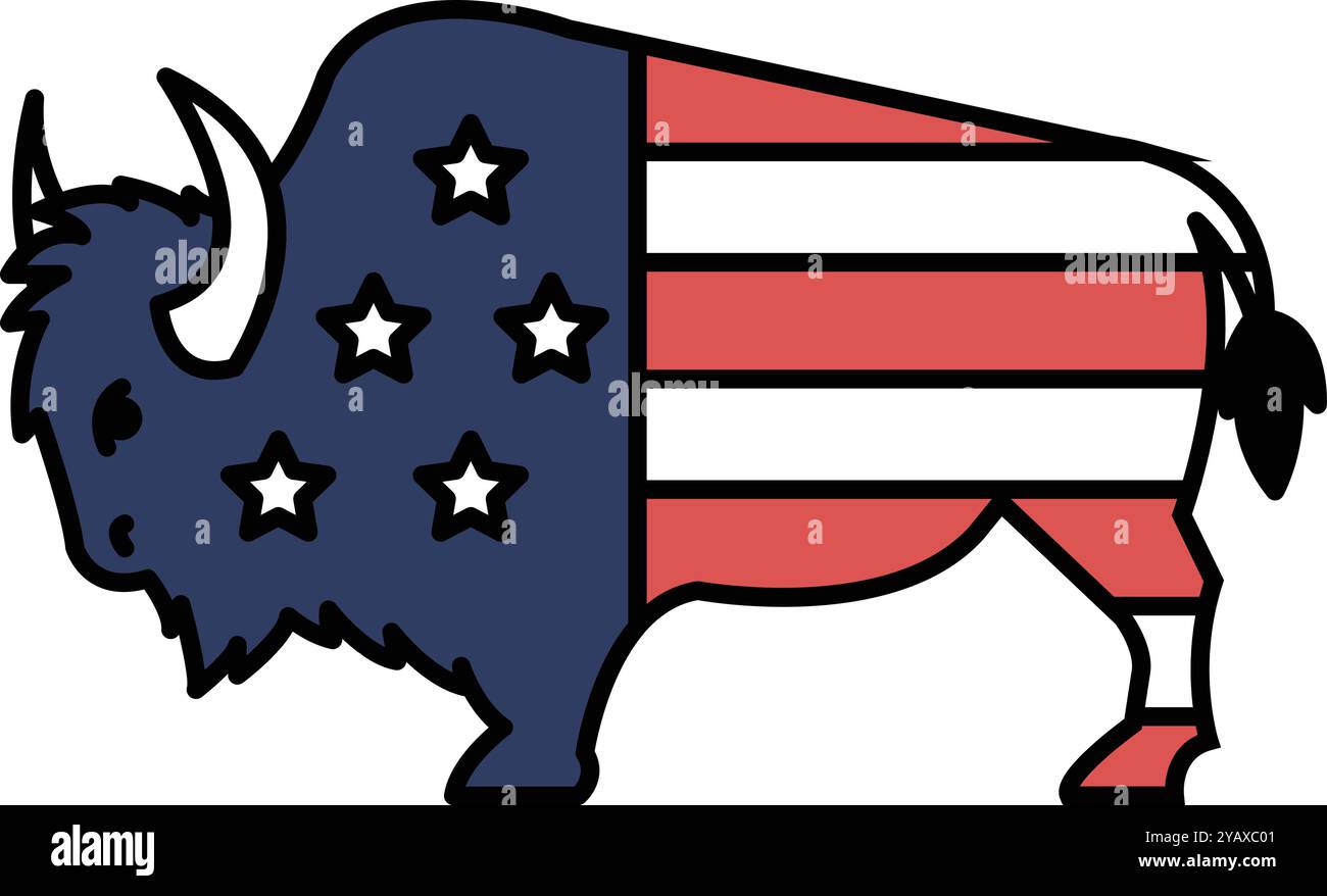 A buffalo is drawn with the American flag on its back. The buffalo is ...