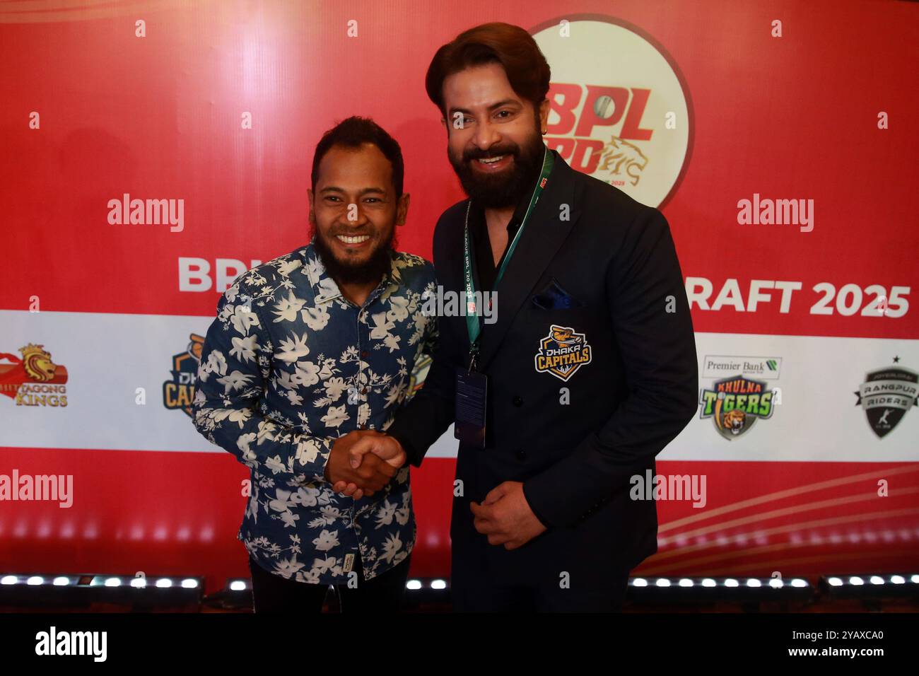 Fortune Barisal player Mushfiqur Rahim with Dhaka Capitals co-owner and Bangladesh movie star ...