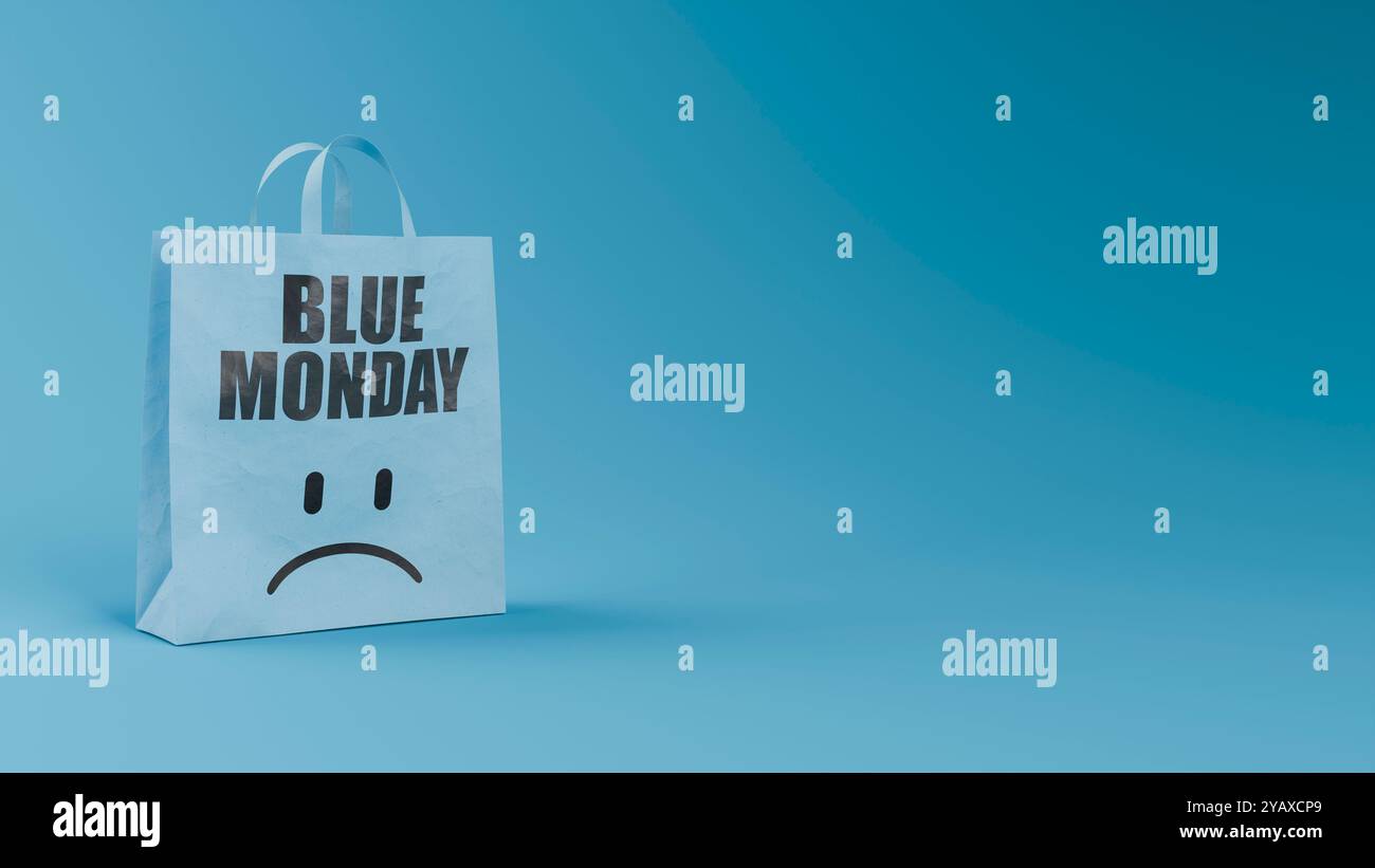 Blue shopping bag with a sad face with copy space. Blue Monday shopping ...
