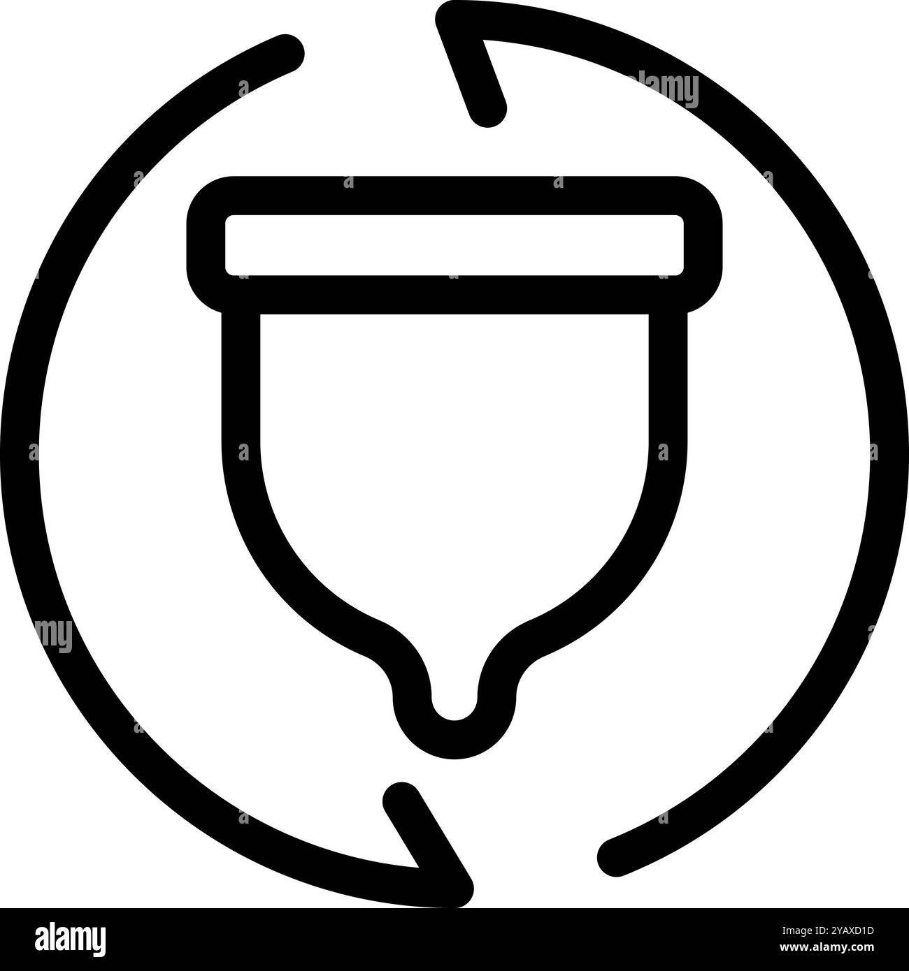Bold line drawing of a reusable menstrual cup being pointed at by two circular arrows ...
