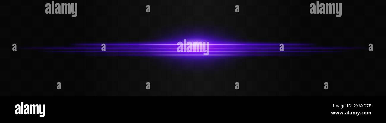 Moving fast Horizontal glowing purple light beam on a black background ...