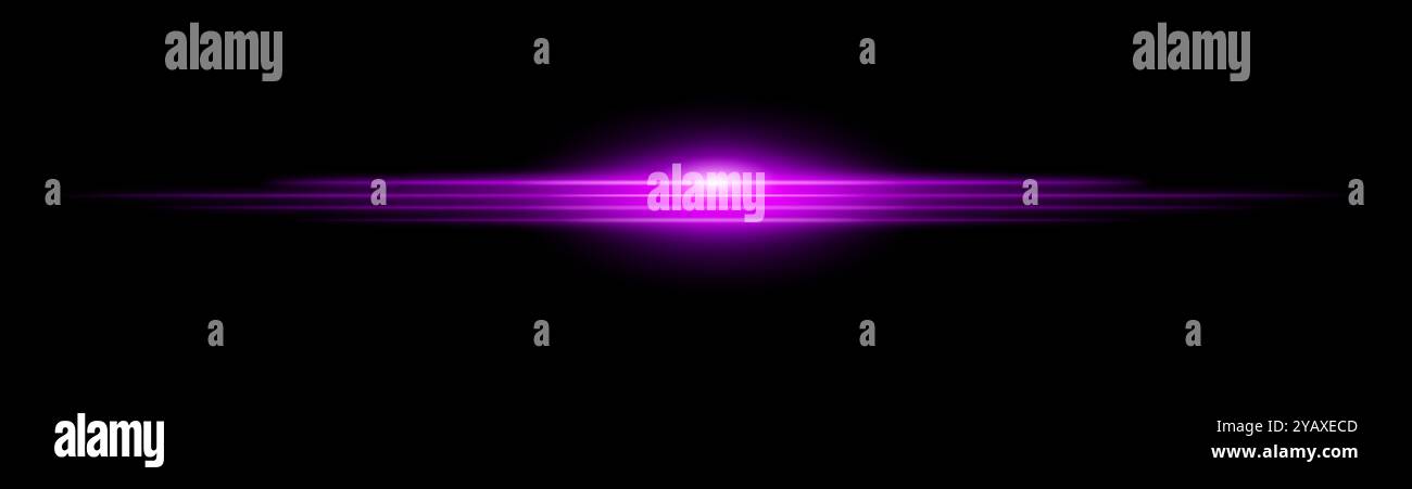 Moving fast Horizontal glowing purple light beam on a black background ...