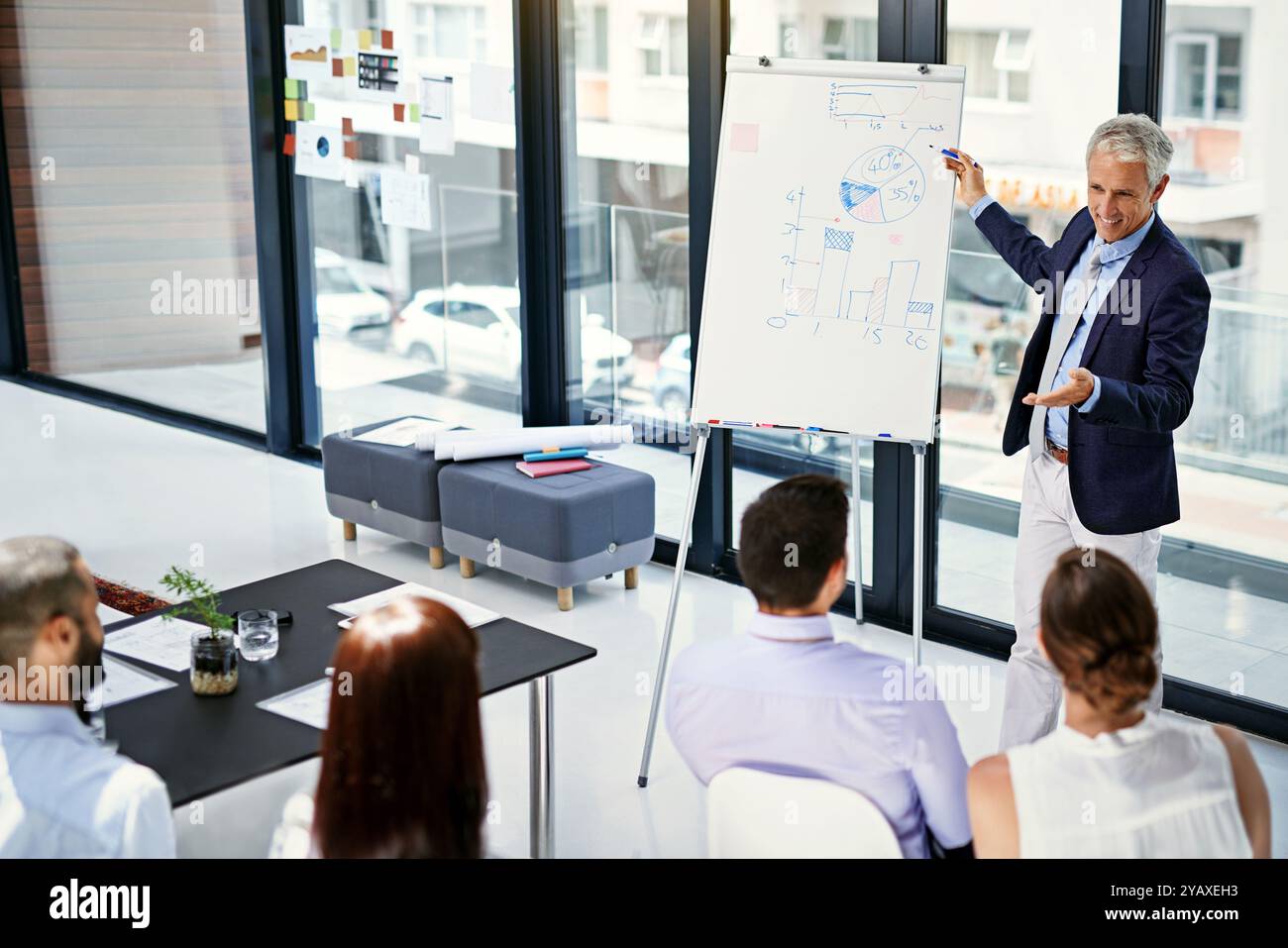 Business people, whiteboard and graphs for presentation, training and mentorship with workshop ...