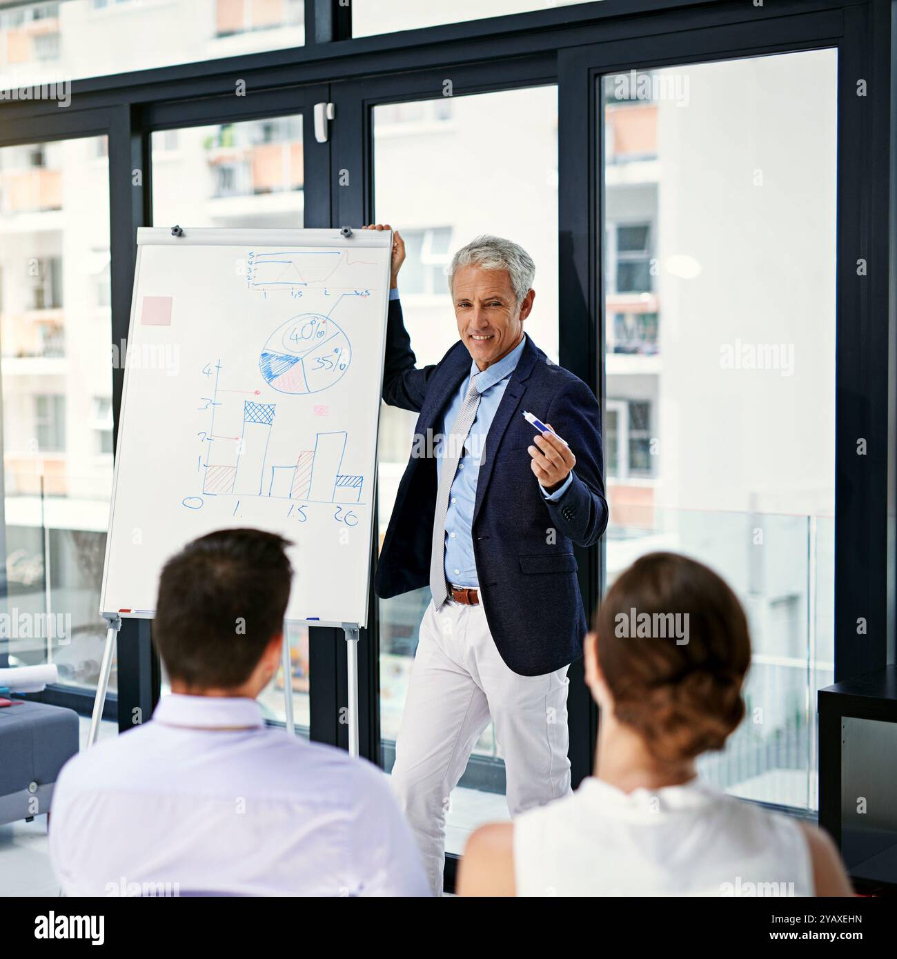 Business people, whiteboard and graphs for meeting, training and mentorship with workshop ...