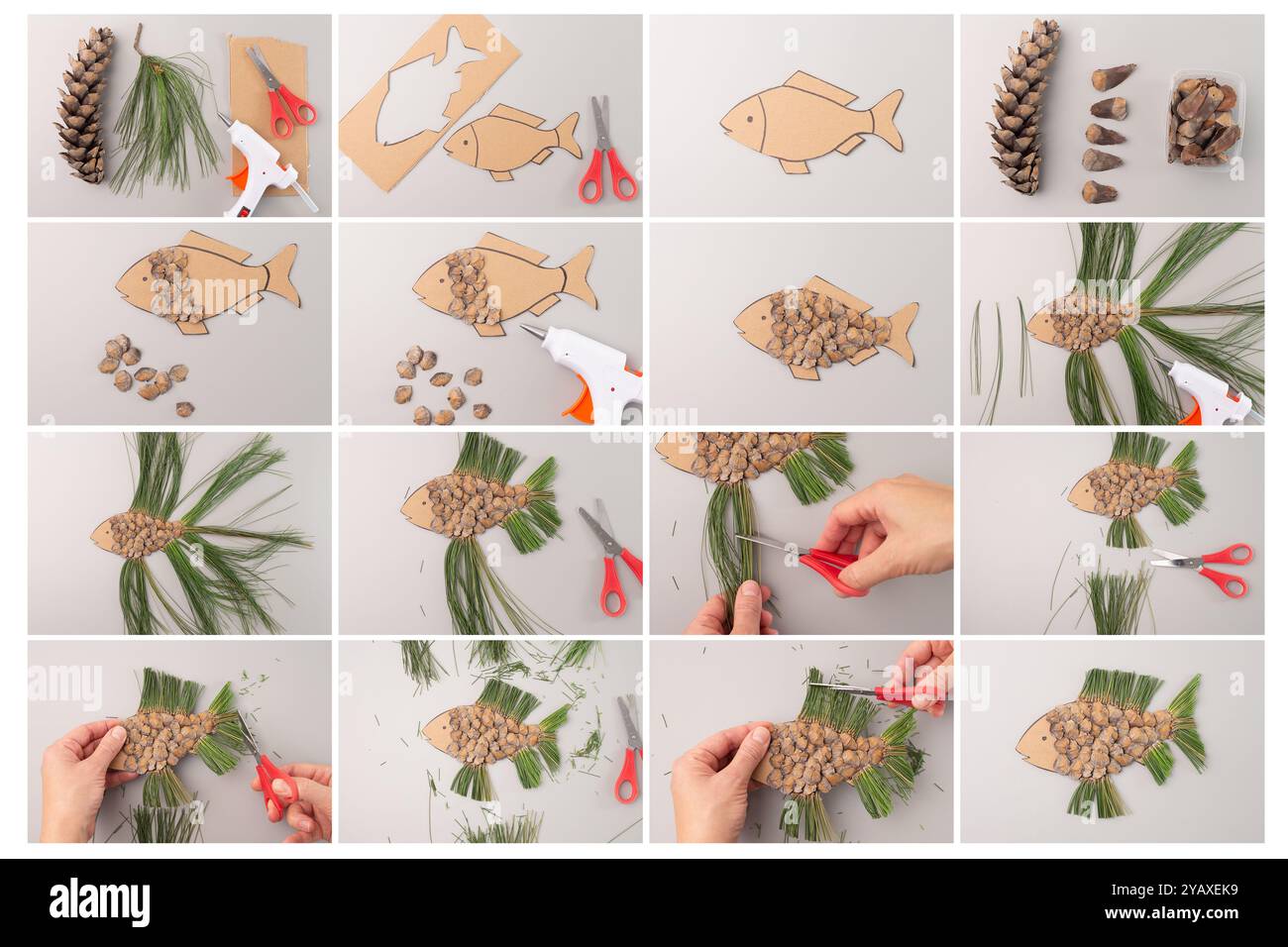 Step by step fish craft, natural materials, pine cones, cardboard ...