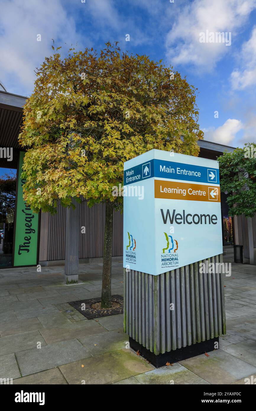 A welcome sign at the main entrance to the National Memorial Arboretum ...