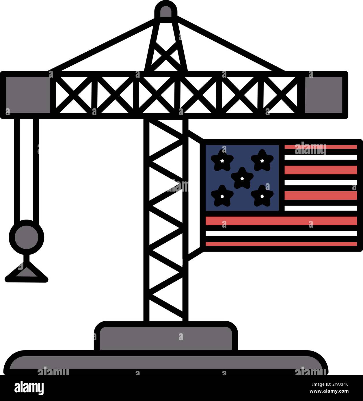 A crane is holding a flag with the American flag on it. The crane is a ...