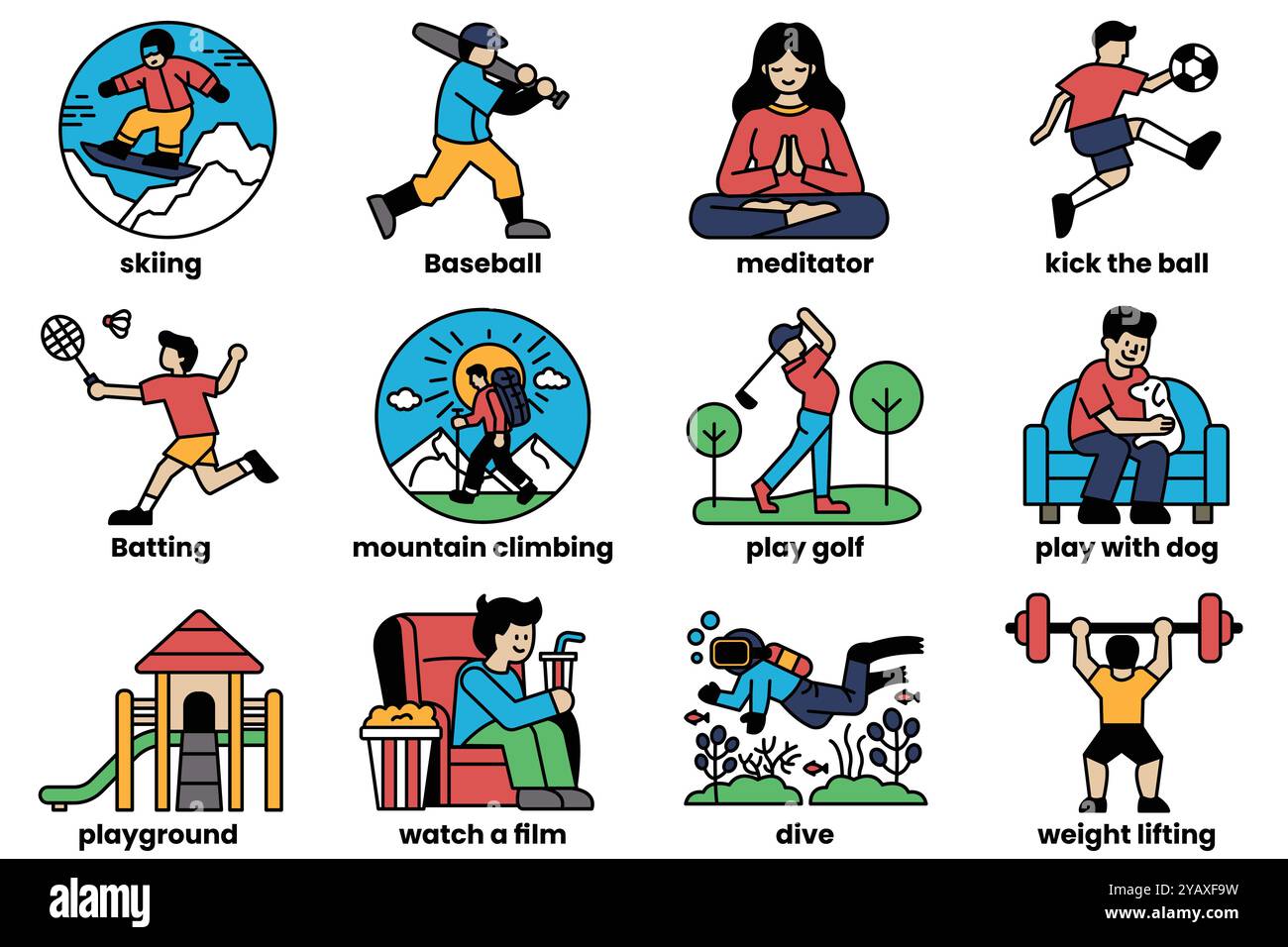 A set of illustrations in the concept of leisure activities in a line ...