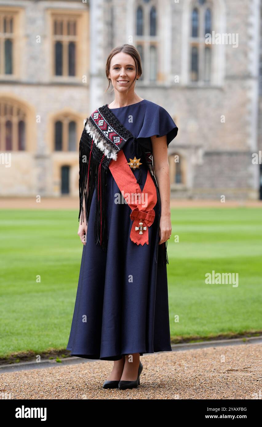 Dame Jacinda Ardern, wearing a traditional Maori Kakahu cloak, after ...