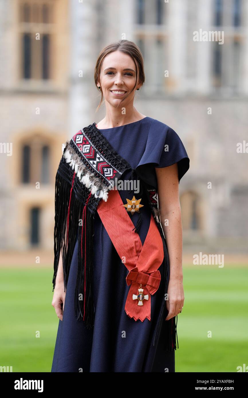 Dame Jacinda Ardern, wearing a traditional Maori Kakahu cloak, after ...