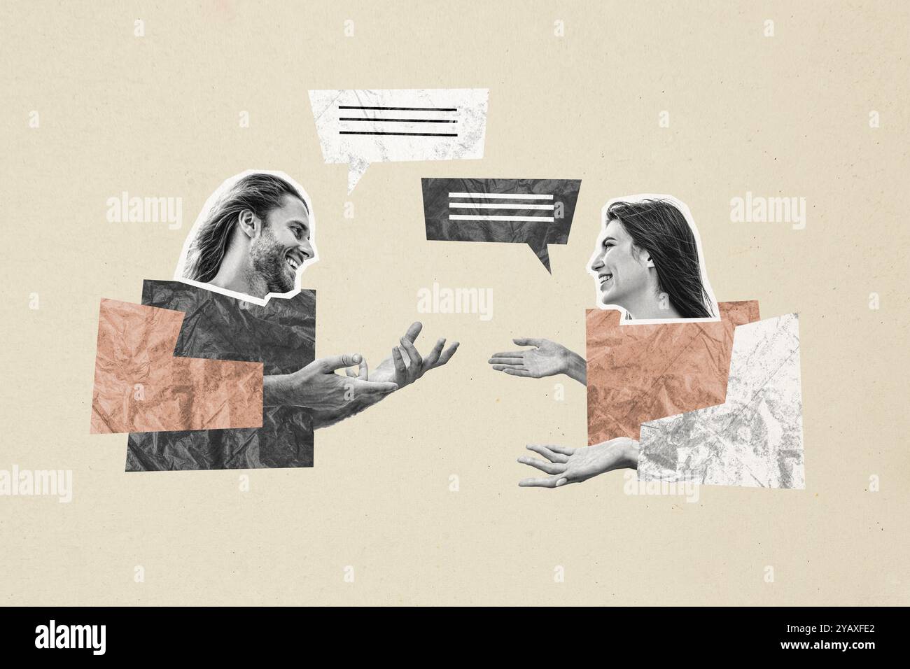 Composite photo collage of happy girl guy speak together bubble ...