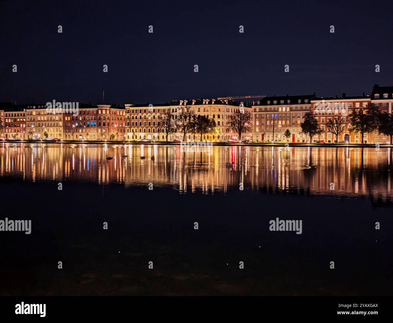 A lake promenade at night in Nørrebro, Copenhagen, Denmark Stock Photo ...
