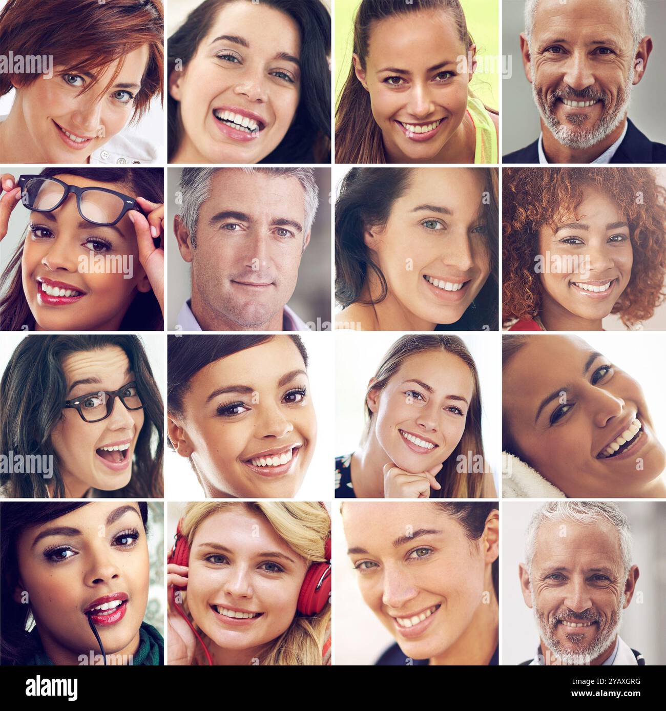Collage, portrait and smile of men and women in studio for character ...