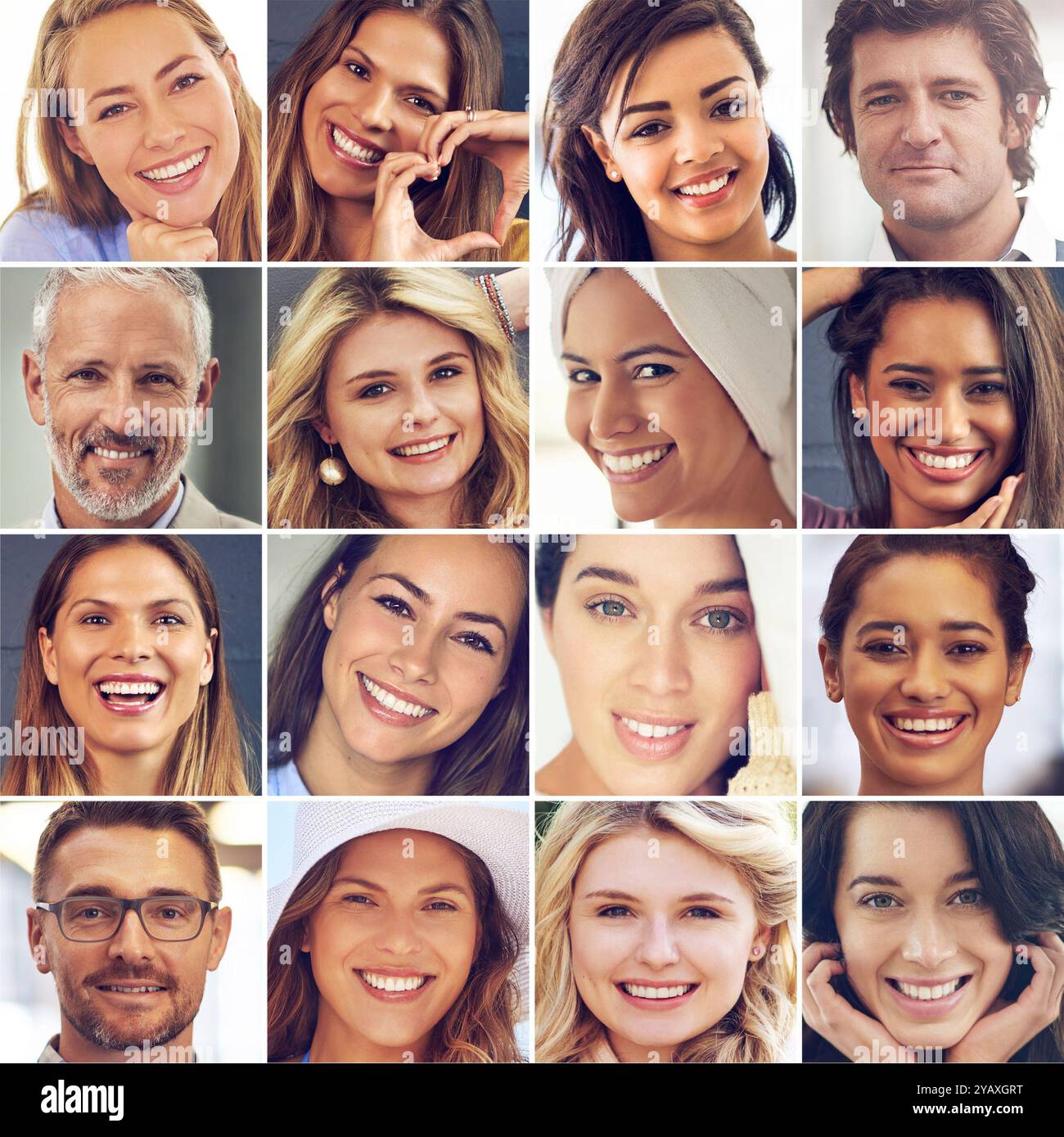 People, portrait and smile in collage for diversity, community ...