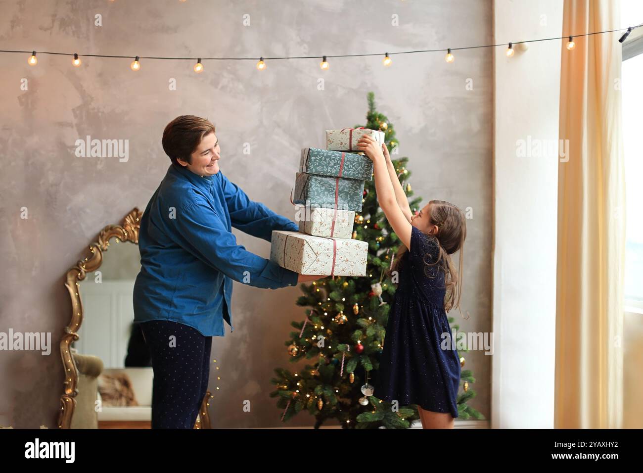 two sisters joyfully exchanging a multitude of beautifully wrapped ...