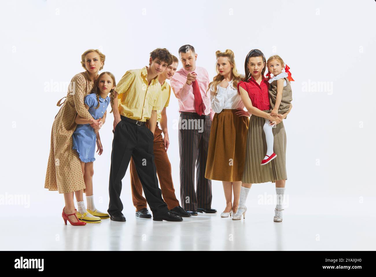 Group of people in retro style clothes, men, women and children ...