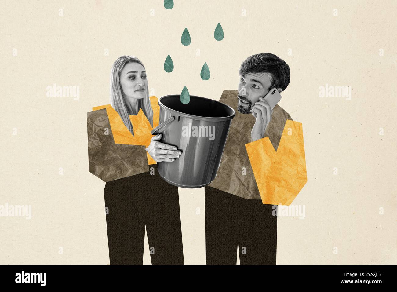 Creative collage picture young man woman water drops collect bucket ...