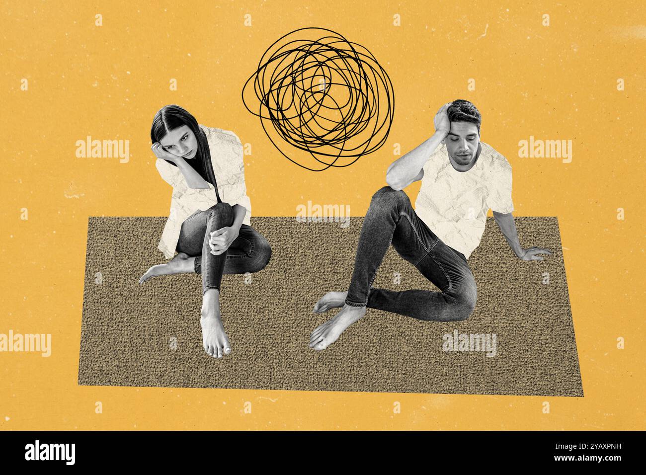 Creative collage picture young man woman drawing doodles headache pain ...