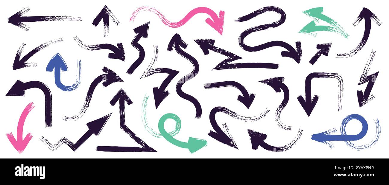 Hand drawn bold arrows. Doodle curve line pointers, rough motion direction signs sketch, vintage ...