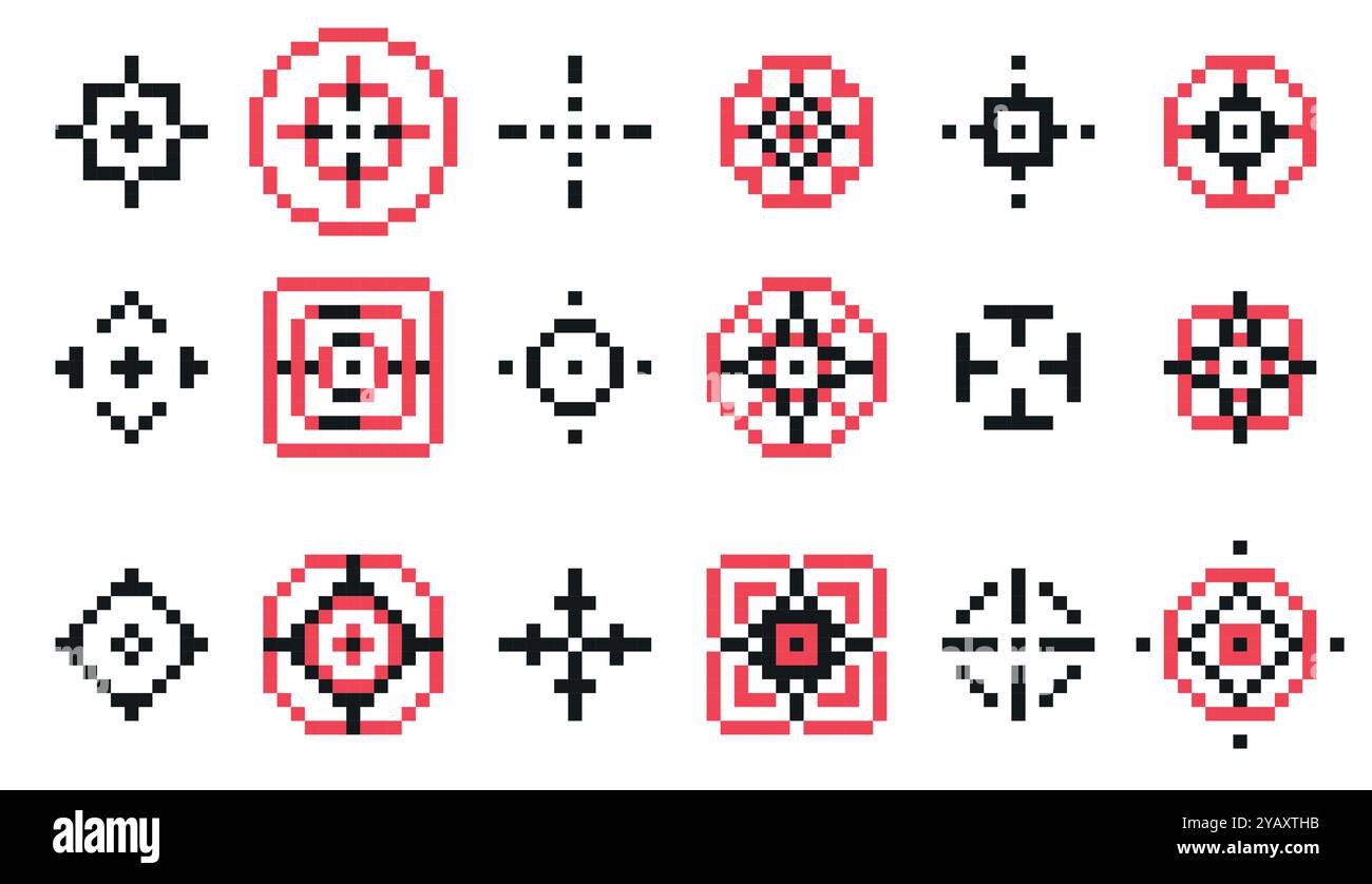 Pixel target icon. Retro video game crosshair aim, retro military gun ...
