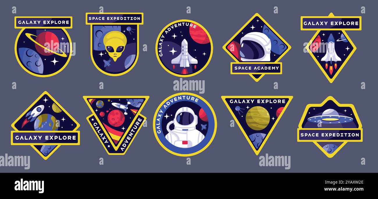 Space patch. Cartoon astronaut and space shuttle, vintage space exploration emblems and badges ...