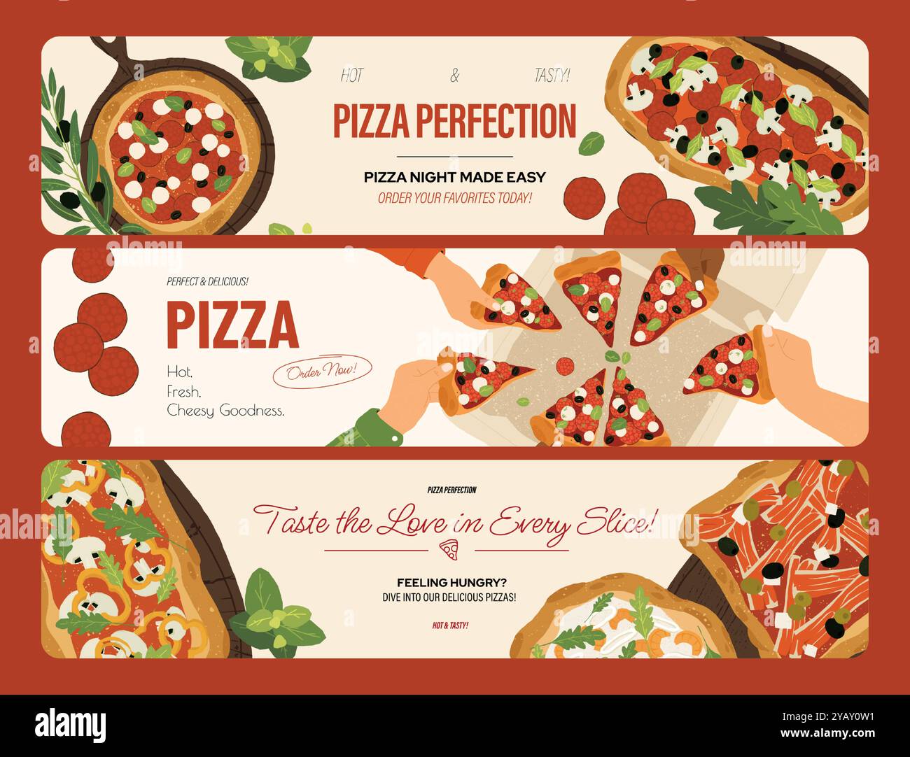 Pizza banners. Flat national italian food ingredients and dishes ...