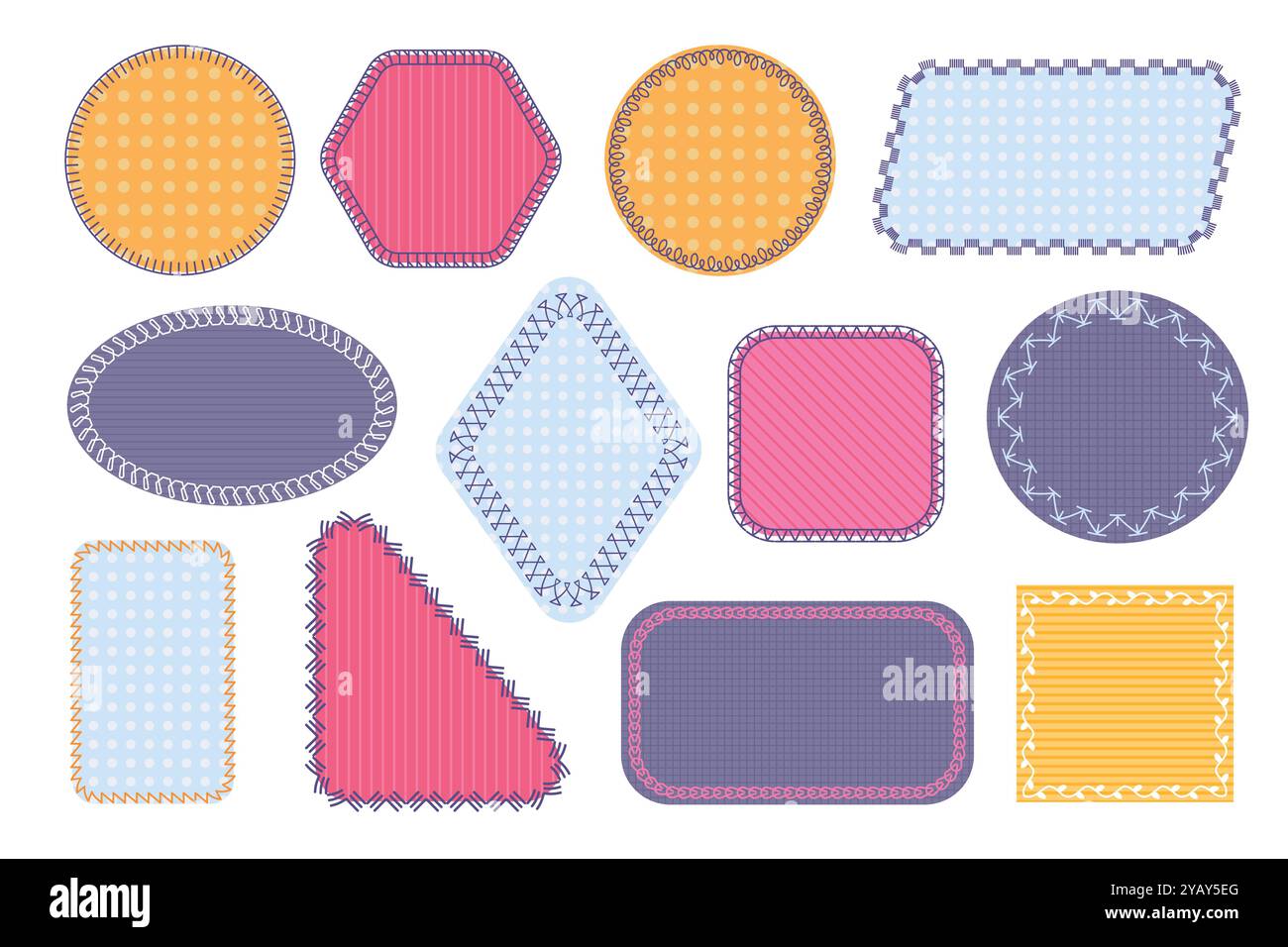 Cloth patches with stitches. Square and round sewing badges, needlework ...