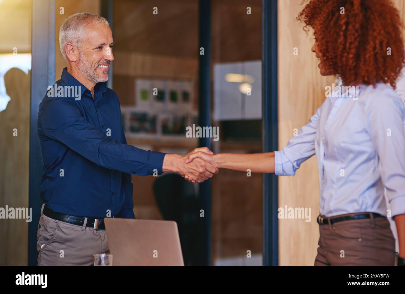 Business, people and handshake for welcome in office with smile ...
