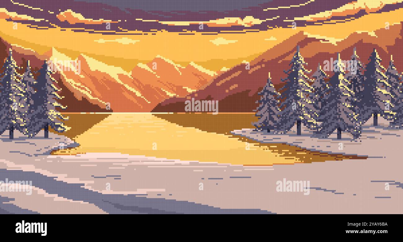 Retro 8 bit winter landscape. Snowy mountains and forest with trees, pixel art background for ...