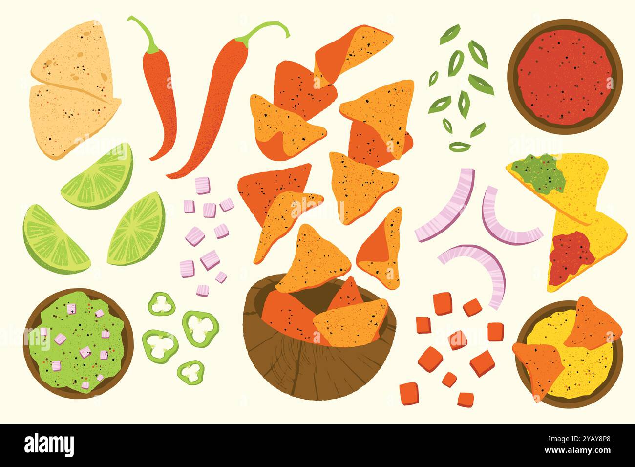 Cartoon nachos. Mexican traditional food with cheese sauce and salsa ...