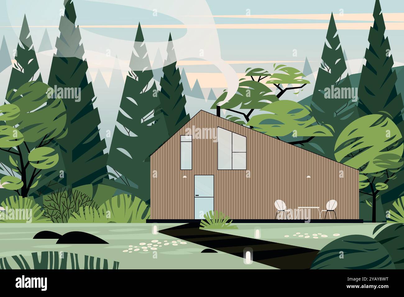 Modern house wood landscape. Abstract wooden cottage with lawn and ...