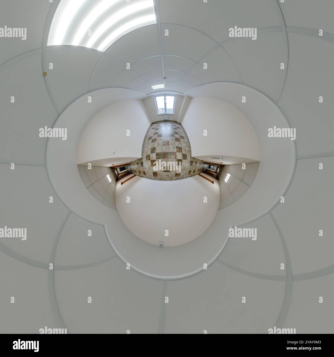 abstractly twisted into spherical 360 panorama interior of modern ...