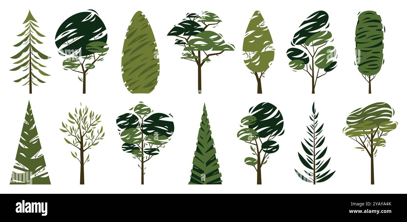 Cartoon trees. Green forest plants with different leaves, nature ...