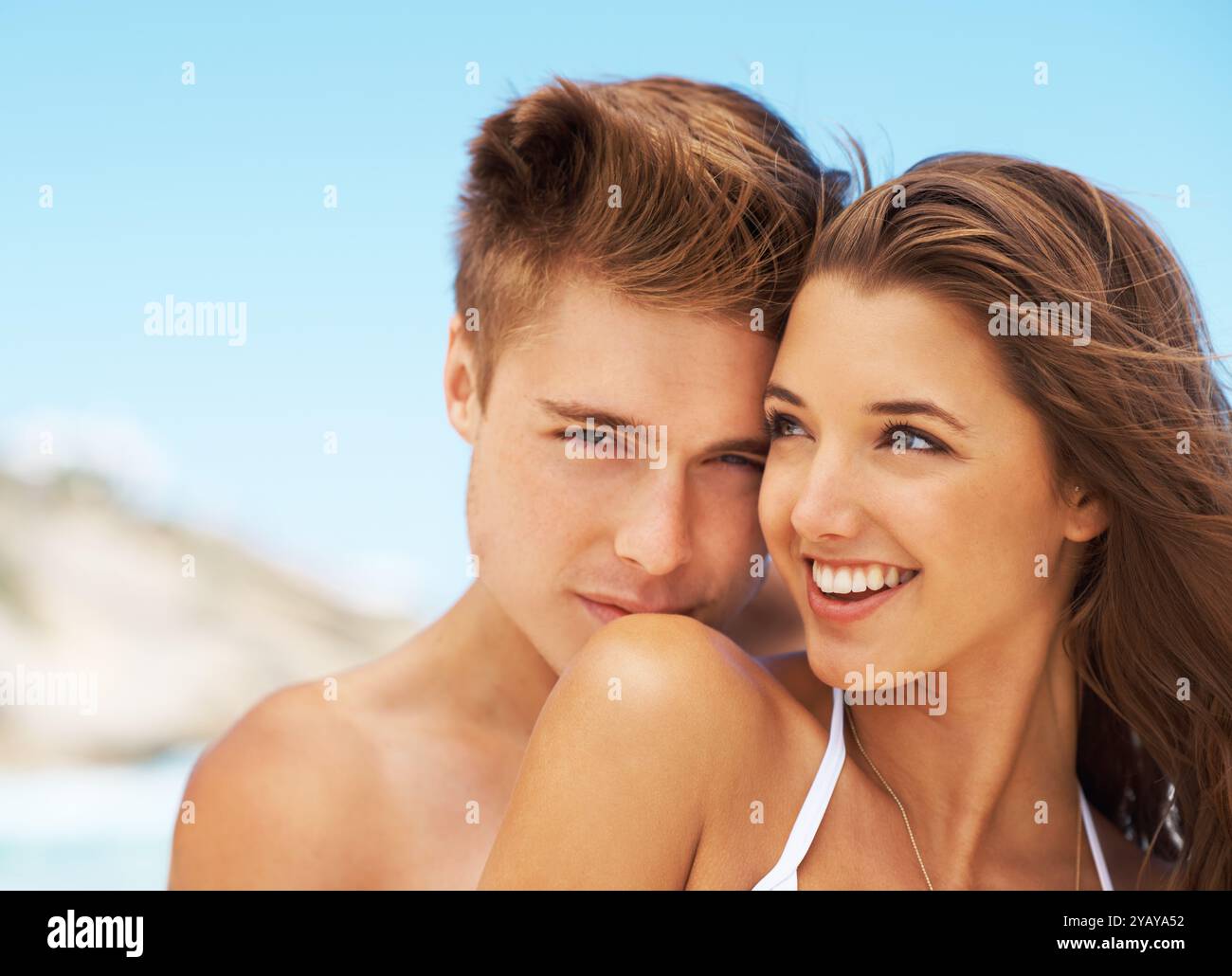 Couple, embrace and love for travel on beach with blue sky, summer ...
