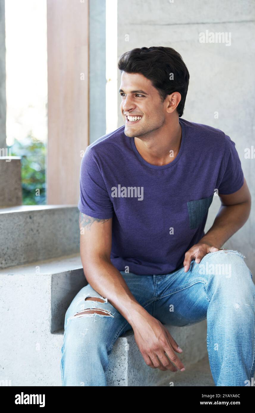 Thinking, creative man and smile with window for brainstorming, ideas ...