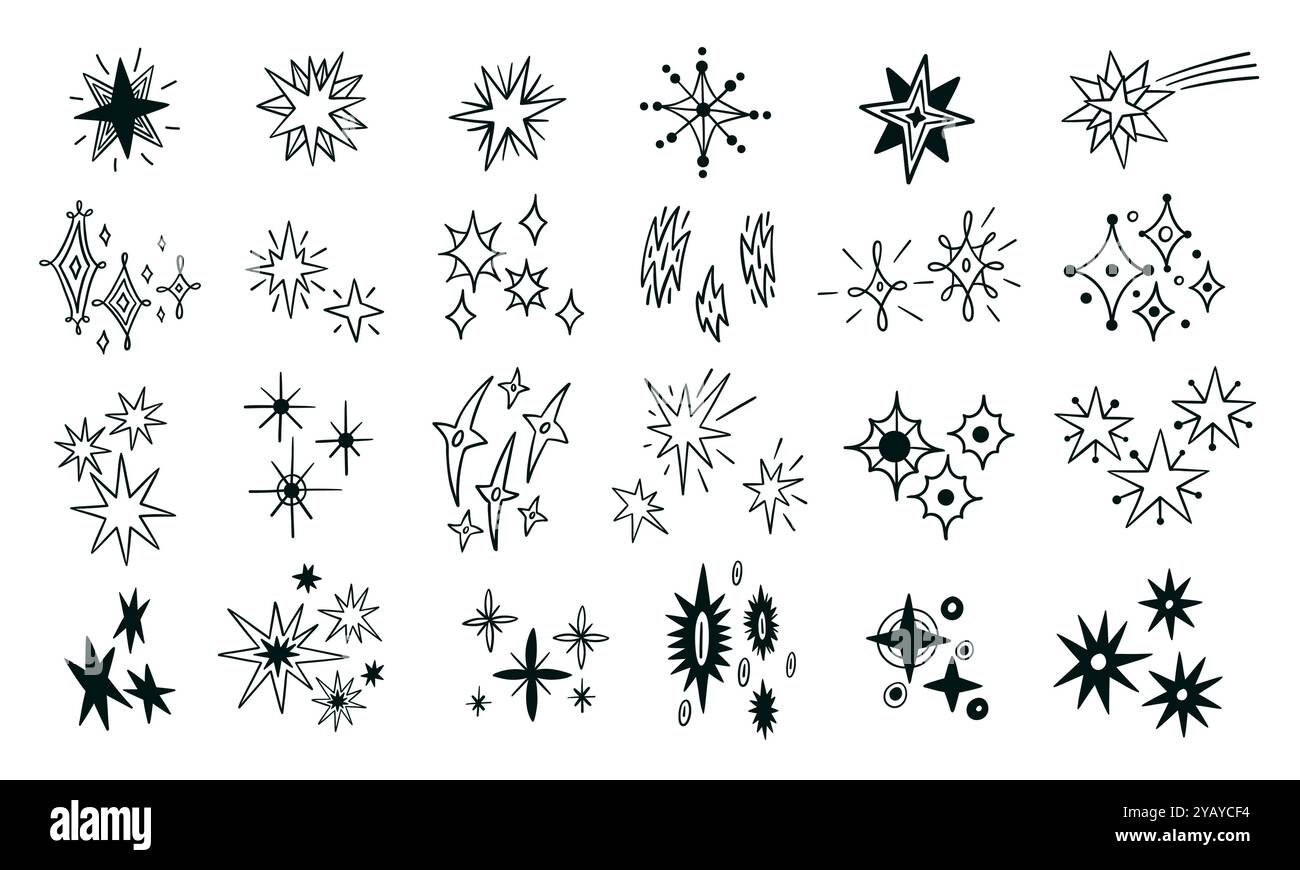 Line doodle star. Abstract hand drawn twinkling sparkle and glittering ...