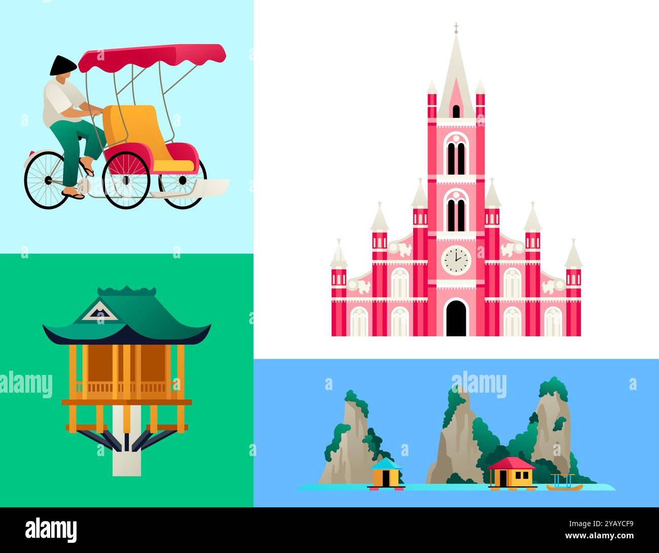 National features and architecture of Vietnam - set of flat design ...
