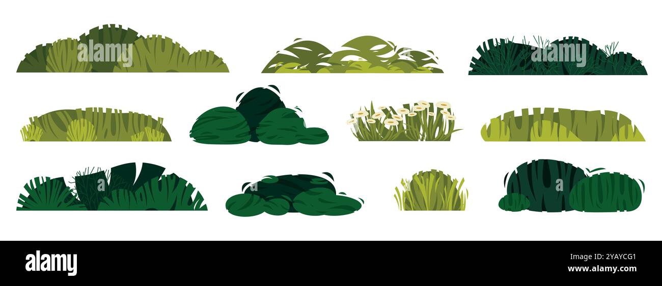 Green bushes. Cartoon spring summer forest foliage plants, decorative ...