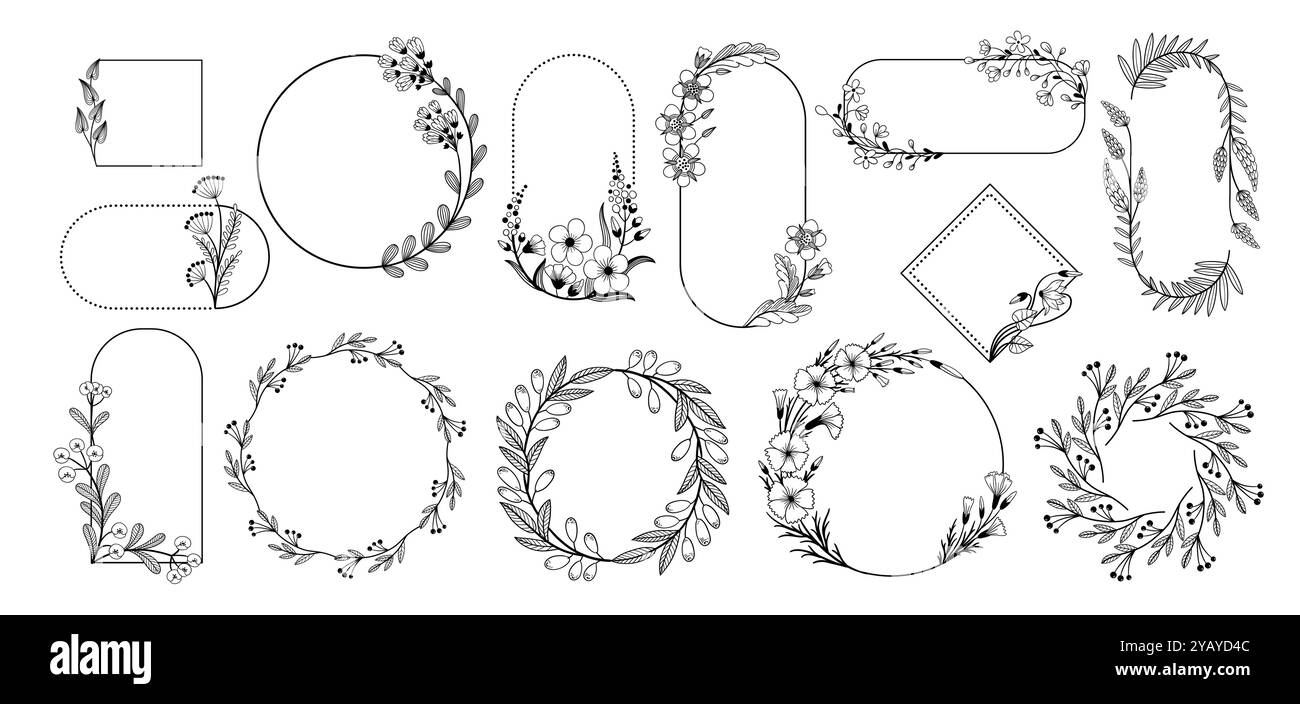 Elegant floral frames. Minimalist botanical decorative borders with ...