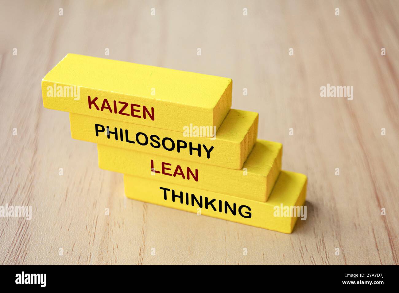 Top view of yellow wooden blocks with Kaizen Philosophy and Lean ...