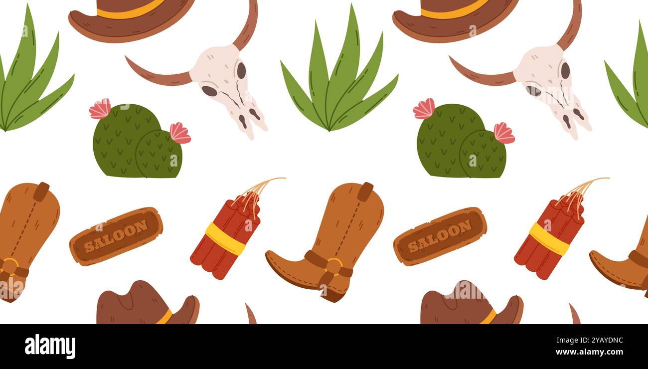 Seamless cowboy themed pattern, boots, hats, bull skulls, cacti, saloon ...