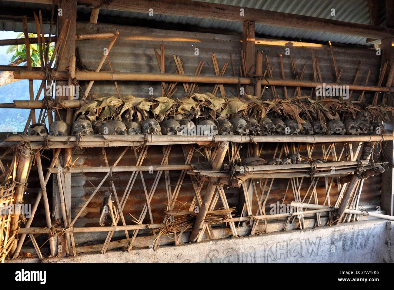 India, Arunachal Pradesh, Tirap region, Khonsa, skulls at the hunter ...