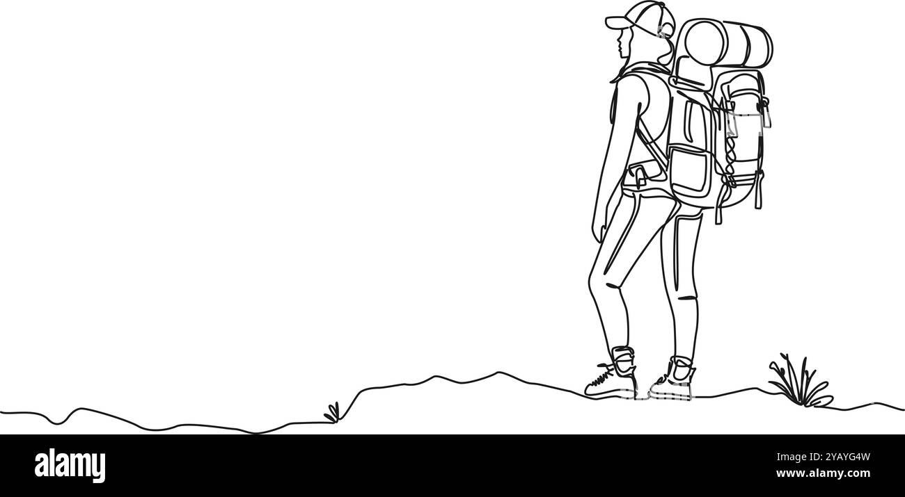 continuous single line drawing of female hiker with backpack, line art ...