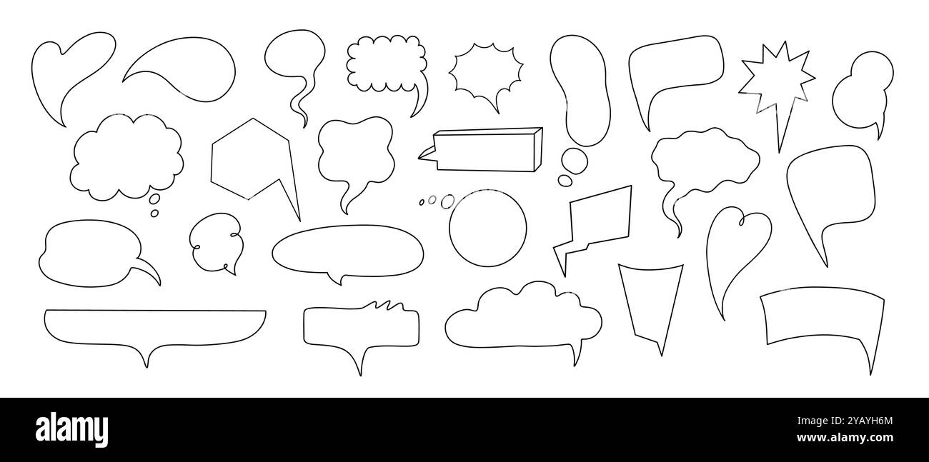 Doodle line text balloon. Speech bubble banners with empty talk, linear ...