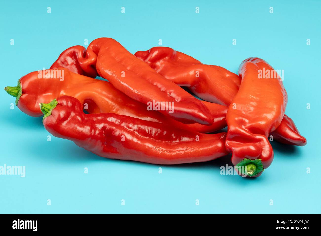 pile of red peppers, isolated on a blue background Stock Photo - Alamy