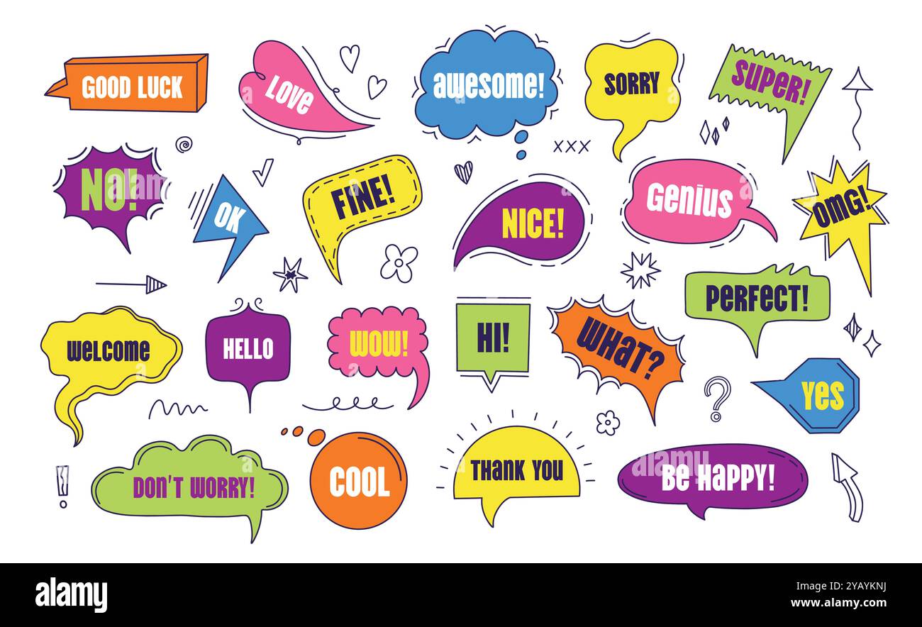 Hand-drawn speech bubbles. Cartoon comic message frames with text, cute ...