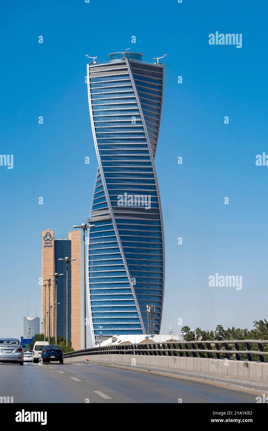 Majdoul Tower, Al majdoul tower, Twisted tower at aftenoon streets in capital city. Riyadh Saudi ...